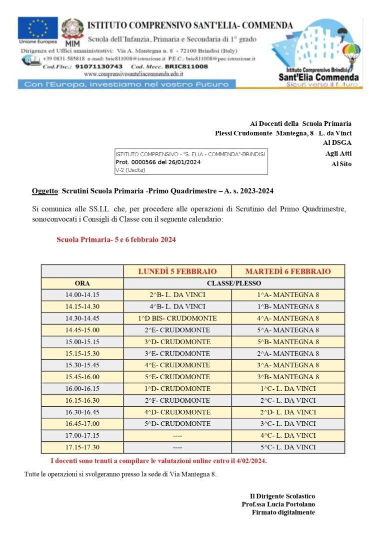 SCRUTINI PRIMO QUADRIMESTRE – SCUOLA PRIMARIA – Istituto Comprensivo